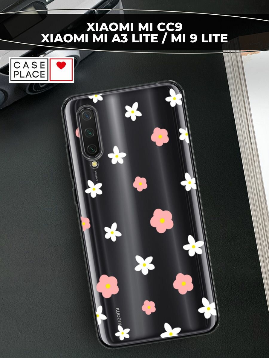 Чехол на Xiaomi Mi CC9/A3 Lite/9 Lite / Сяоми Mi CC9/A3 Lite/9 Lite с принтом "Розовые и белые цветы", прозрачный