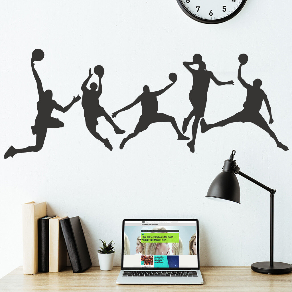 Наклейки на стену с изображением баскетбольного мяча, силуэты спортивных игроков, съемные обои, креативные настенные наклейки, самоклеящиеся виниловые наклейки для мальчиков, спальни, игровой комнаты, спортзала, гостиной, декор на спортивную тематику