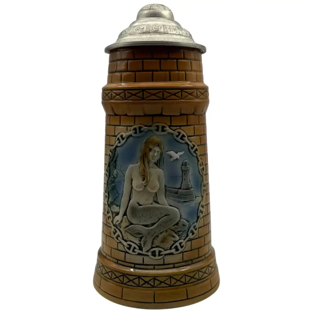 Пивная кружка "Русалка" с крышкой, 1 л, керамика, олово, 1955-1972 гг, SITZENDORF, Германия