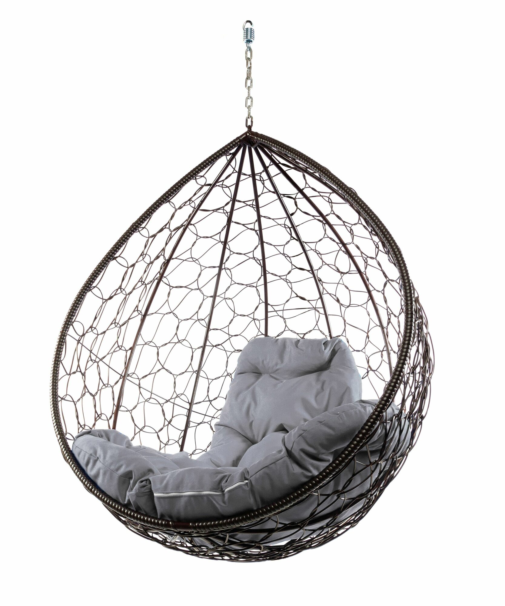 Подвесное кресло капля (без стойки), с ротангом коричневое, серая подушка
