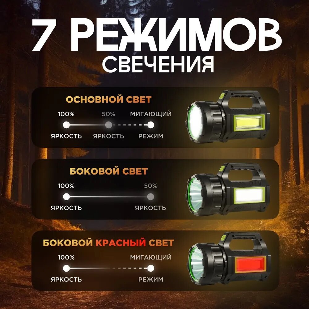 Фонарь ручной Прожектор 16 часов работы 7 режимов 1000 метров — фото 1