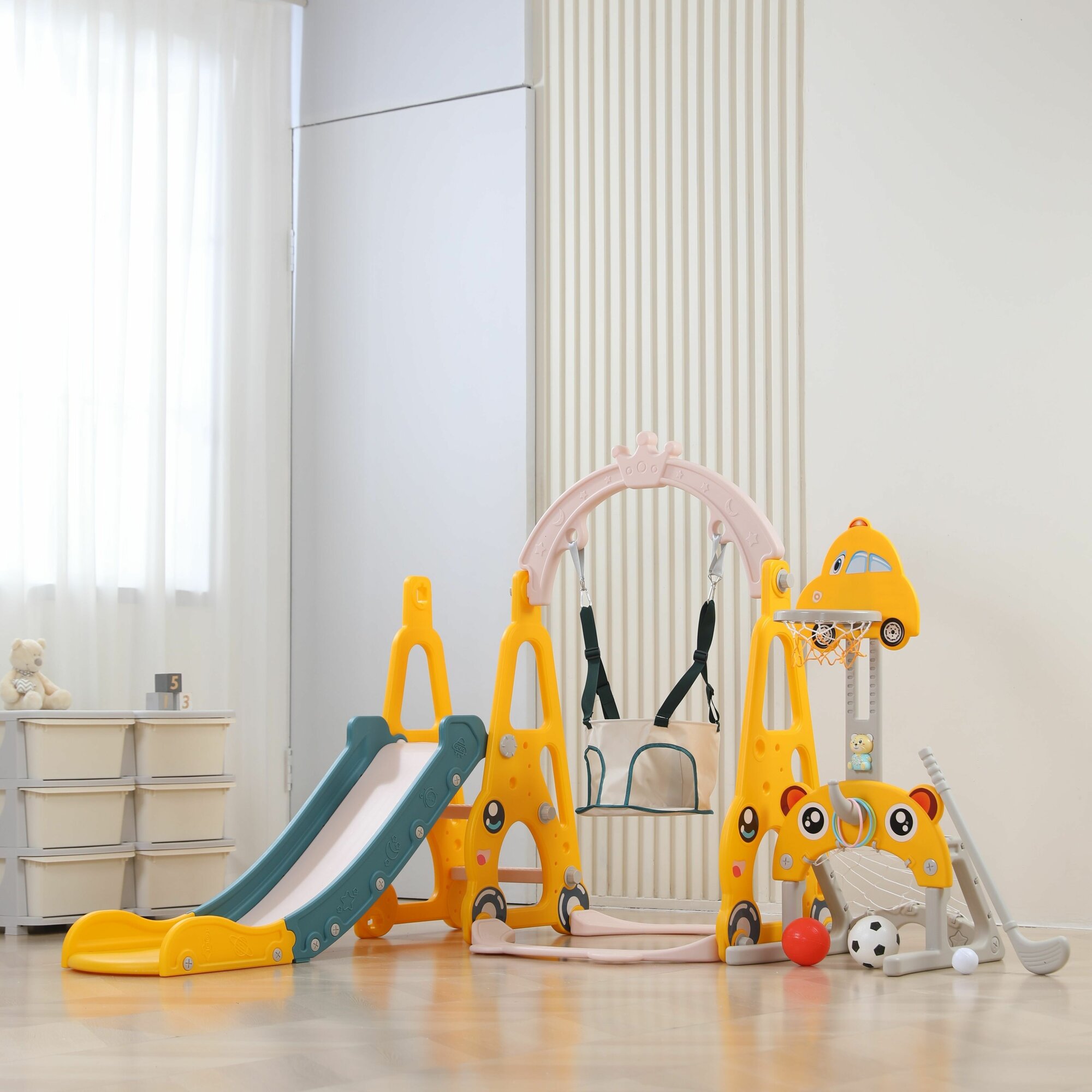 Горка детская с качелями и баскетбольной стойкой со спуском 138 см Funny Car Yellow из пластика, игровой комплекс 3 в 1, для дома и улицы, желтый