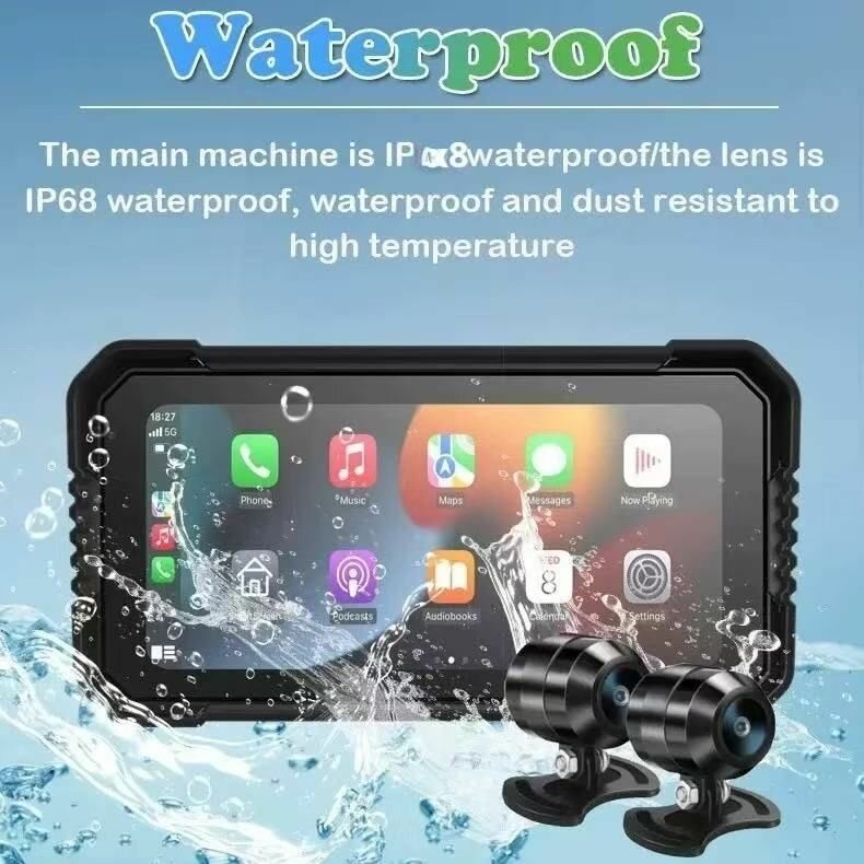 6,25-дюймовый беспроводной дисплей для мотоцикла поддерживает Apple CarPlay и Android Auto, HD, водонепроницаемость IP67, с навигацией, GPS, передней и задней видеорегистраторами.