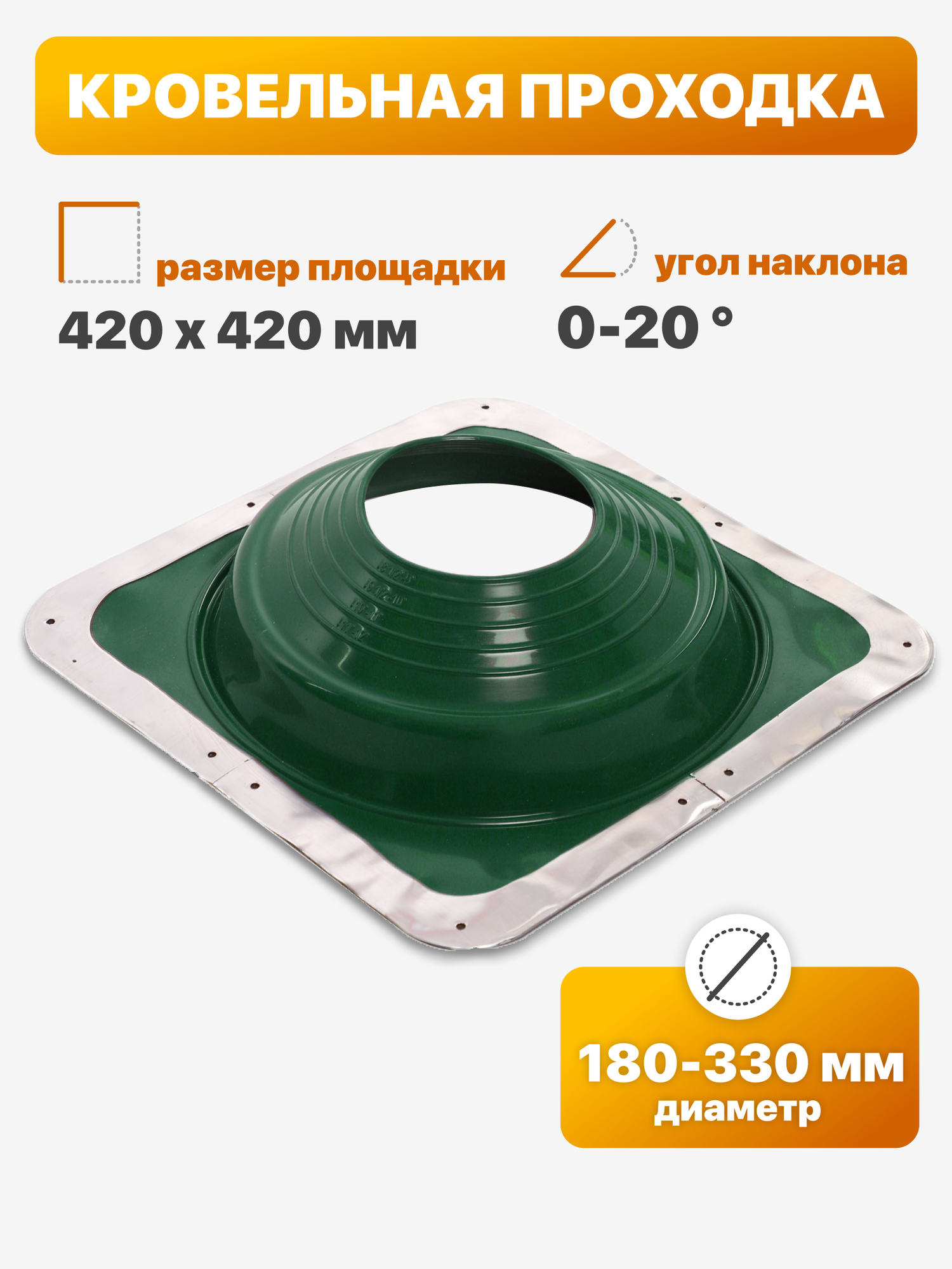 Уплотнитель кровли (кровельная проходка) №8 прямой 180-330мм 420х420мм зеленый