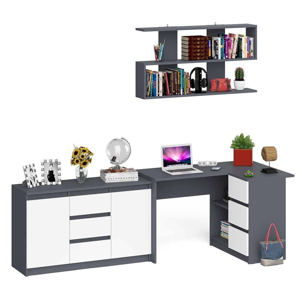 Стол компьютерный угловой Мори МС-16 правый с навесной полкой и тумбой графит/белый, 244,8х84,9х209,6 см