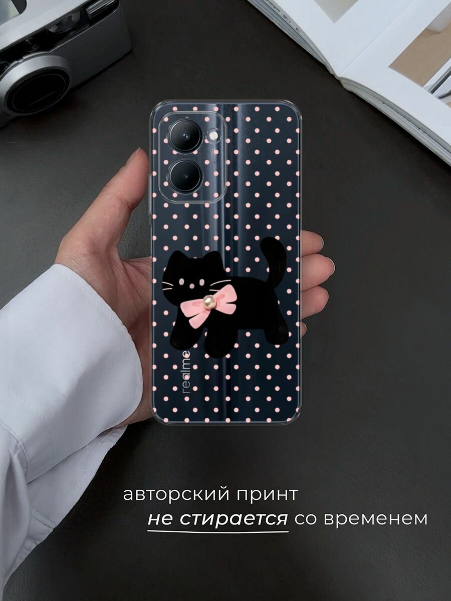 Чехол на Realme C33 / Реалми С33 с принтом Черный котик с бантом, прозрачный — фото 1