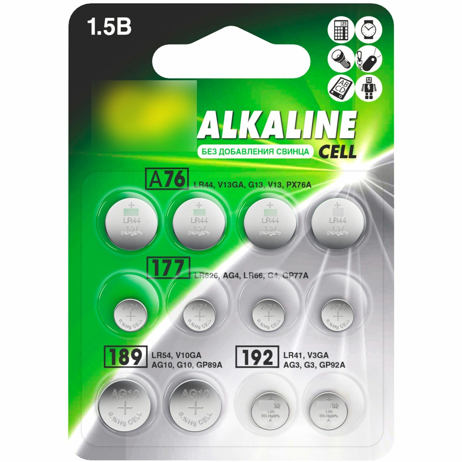 Батарейка алкалиновая, ACM02F-12BL (А76 по 4 шт; 164.186,189 192 по 2 шт.); 1.5 В, 12 шт.