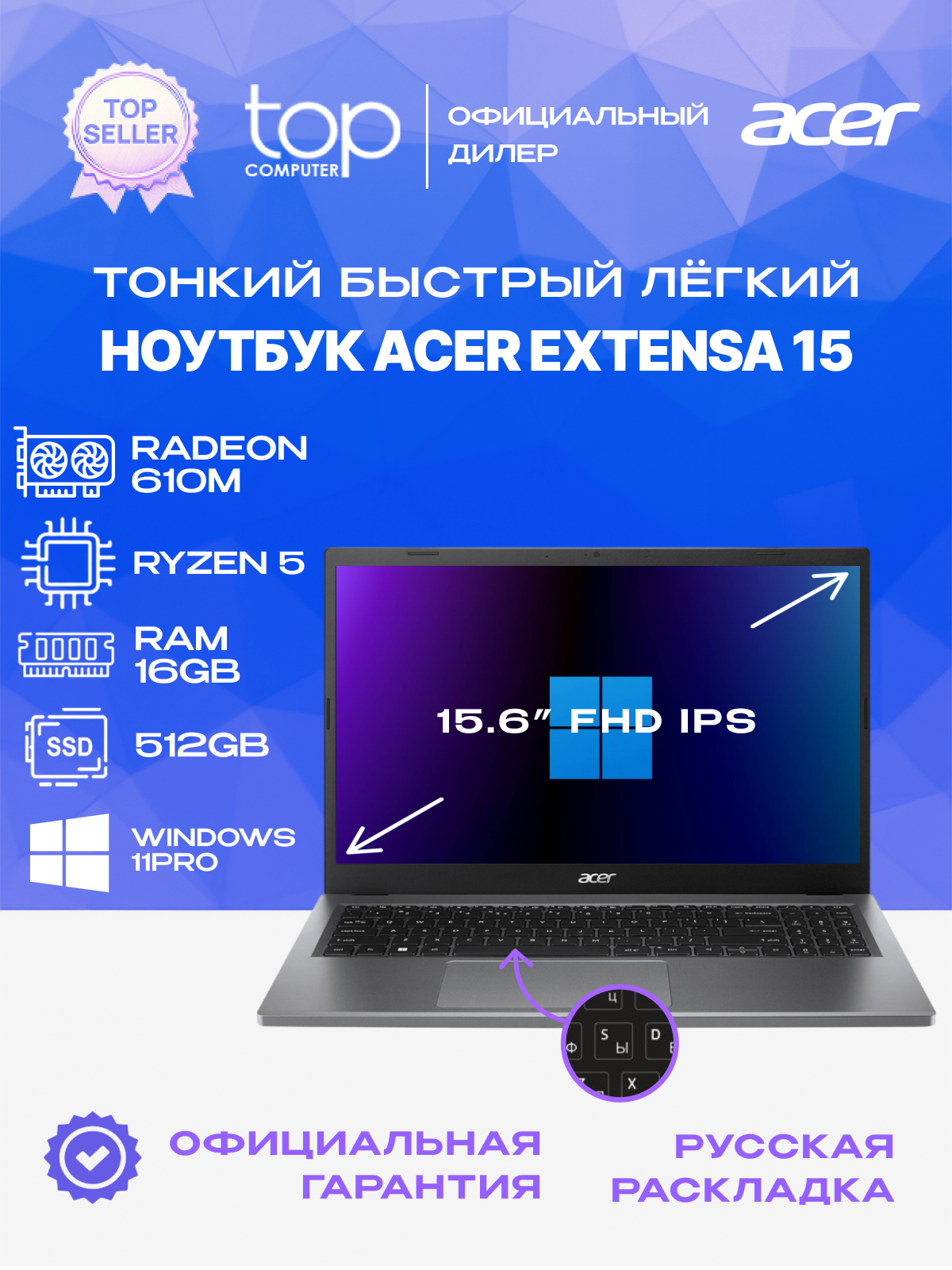 Ноутбук Acer Extensa 15 EX215 15.6"FHD IPS/1920x1080/AMD Ryzen 5 7520U/16GB/512GB SSD/AMD Radeon/Win11pro/grey