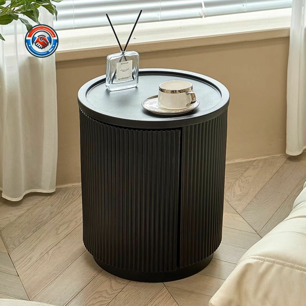 Прикроватная тумба круглая 48,5 см, небольшой журнальный столик из пластика ПЭ, открывается вправо, скандинавский стиль с марокканскими мотивами, для спальни и гостиной