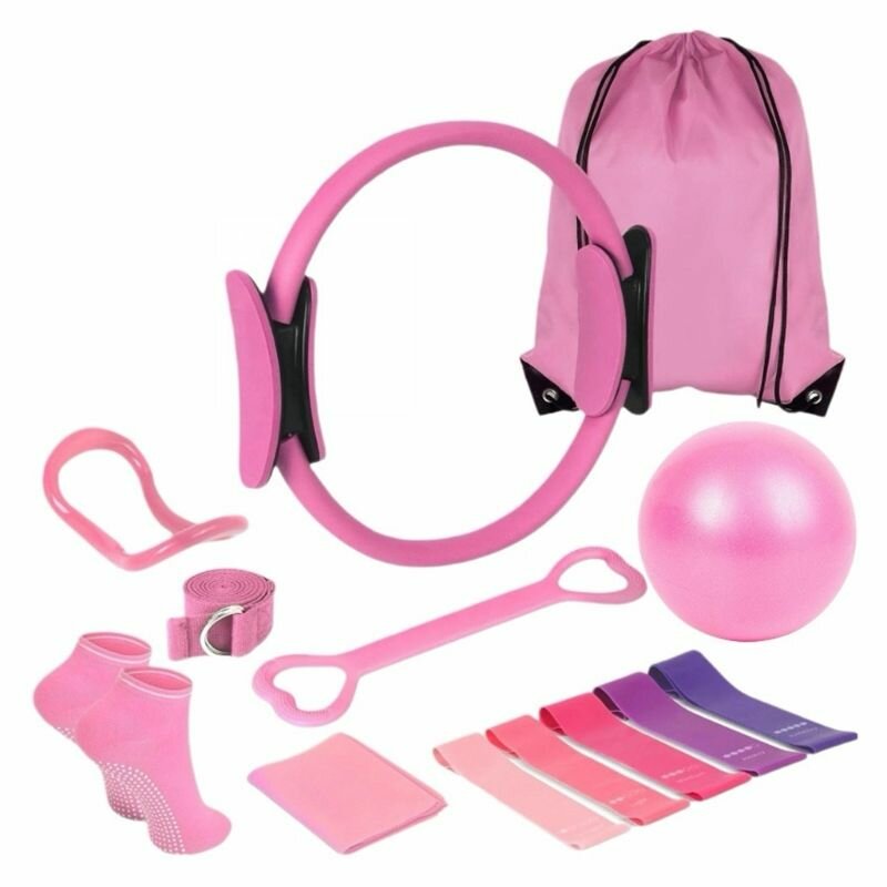 Многофункциональное оборудование для упражнений включает мяч, кольца и эластичные ленты, Розовый - Набор для пилатеса из 13 предметов