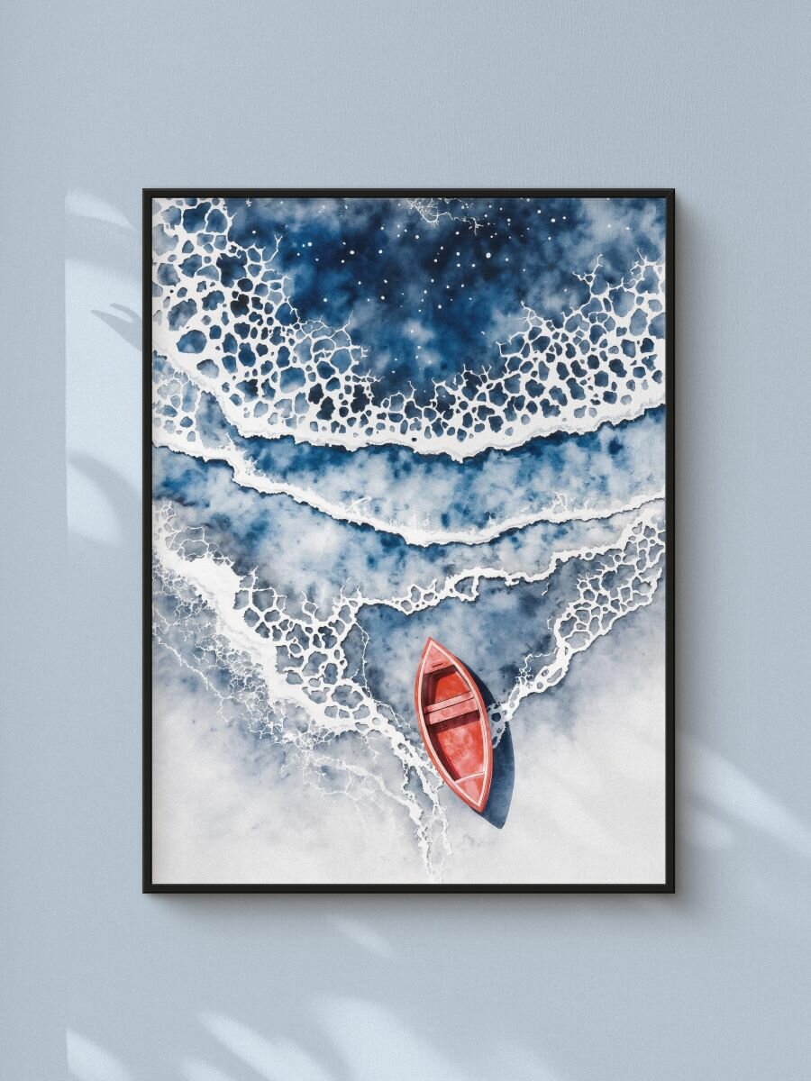 Постер на стену 30х40 Лодка и море, без рамы, плакат акварель с морским декором