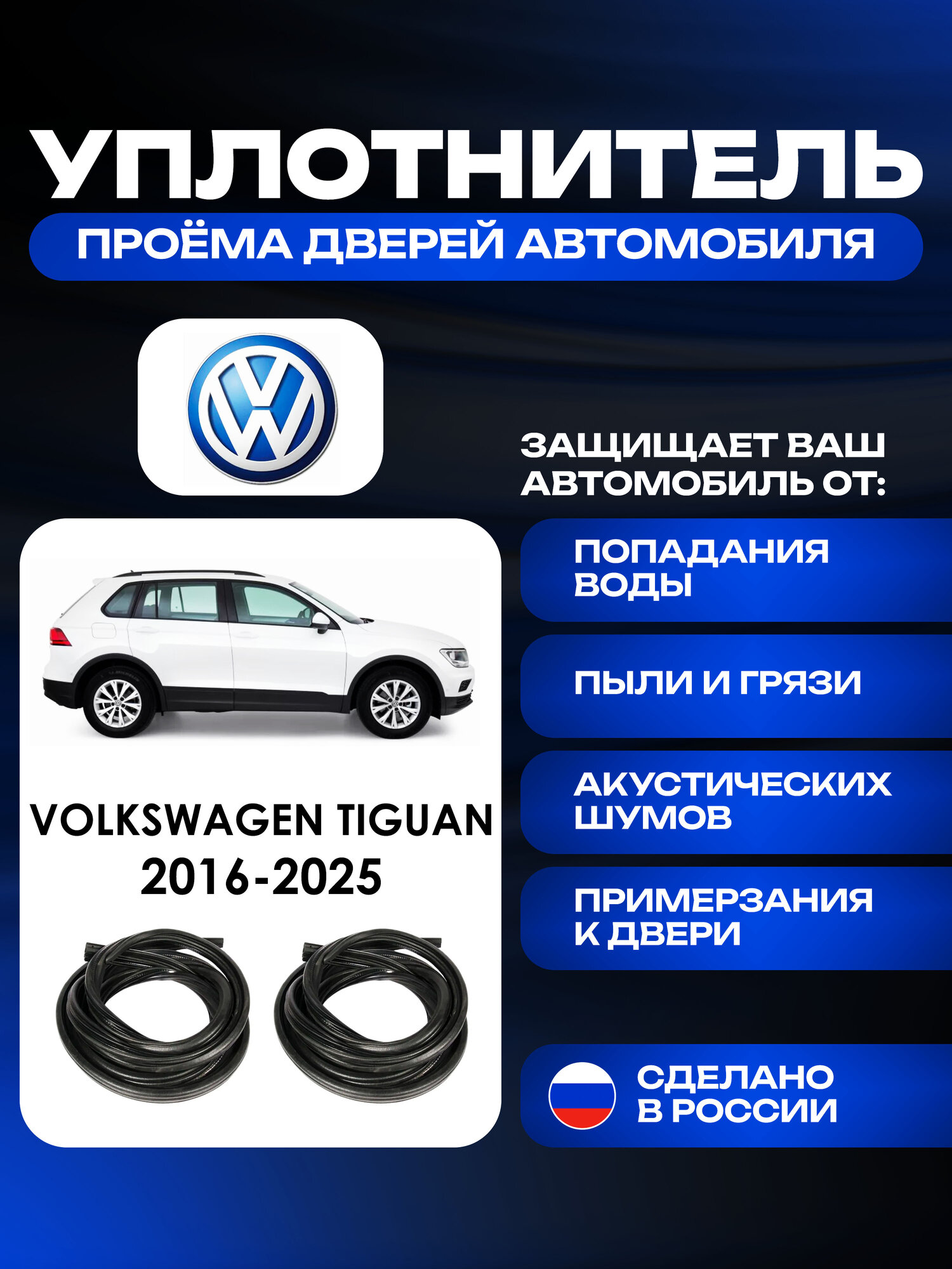 Уплотнитель (резинка) проёмов передних дверей (2 ШТ.) Volkswagen Tiguan II 2016-2025 / Фольксваген Тигуан 2 поколение