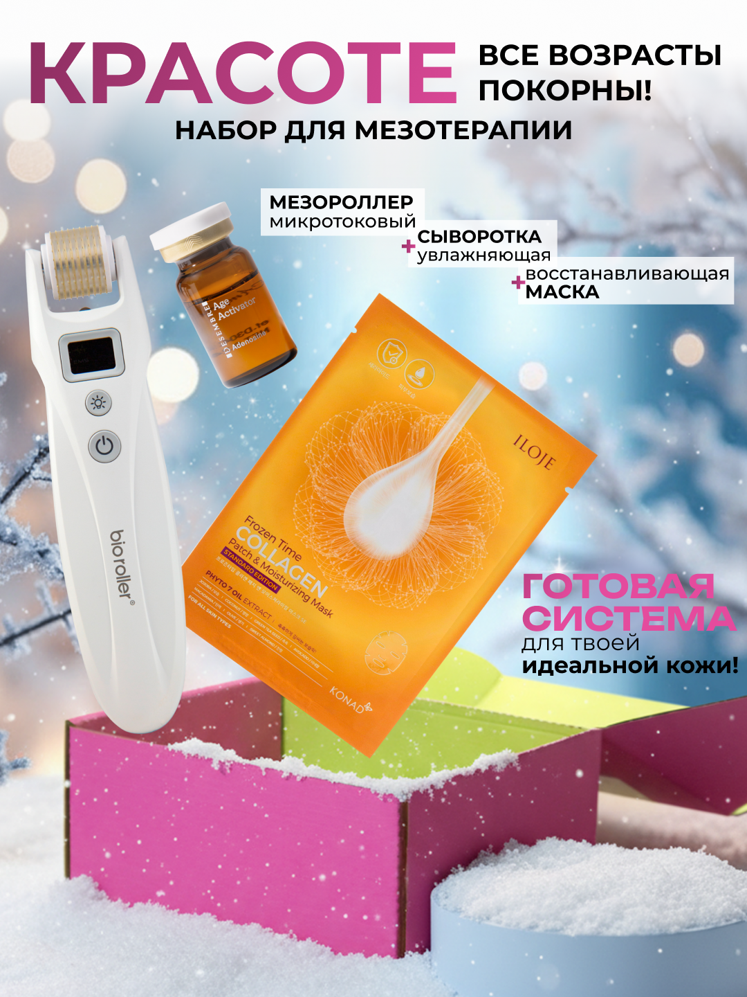 Набор для мезотерапии, Мезороллер электрический микротоковый, сыворотка увлажняющая, маска для лица регенерирующая