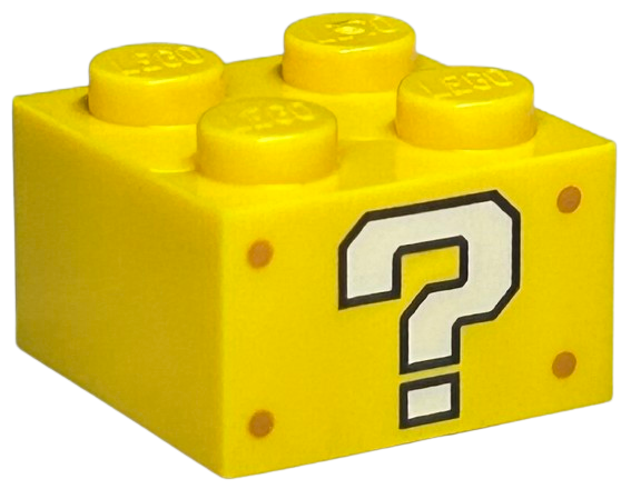 Brick 2 x 2 with White Question Mark and Medium Nougat Rivets Pattern on Opposite Sides (Super Mario ? Block), 3003pb118 Yellow N