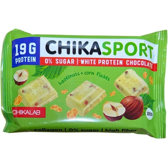 Протеиновый шоколад Chikalab белый с фундуком и кукурузными чипсами 100 гр.