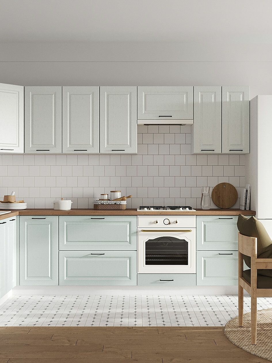 Кухонный гарнитур угловой Шервуд 3х1.8 м, мебель для дома и кухни, Белый / Арктик / Деним голубой