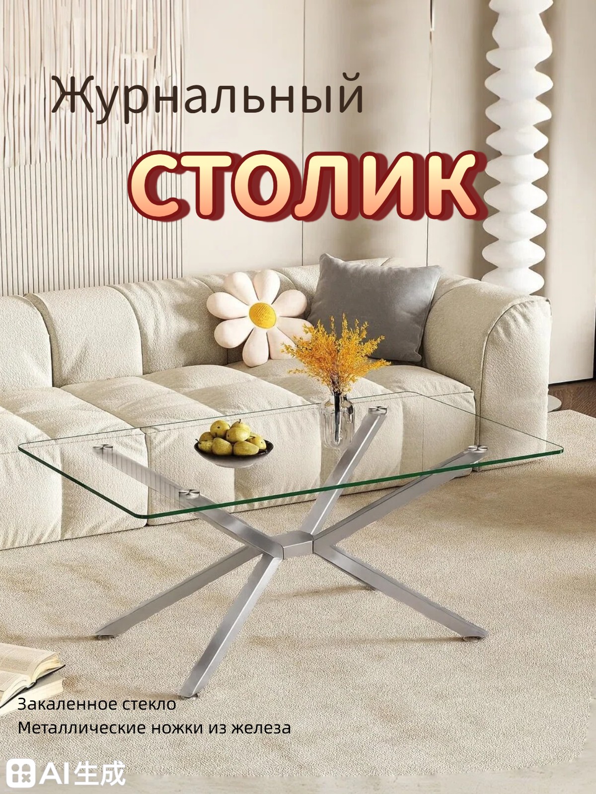 Журнальный столик из стекла 100х60 см, прозрачный, серебристые металлические ножки, толщина стекла 8 мм