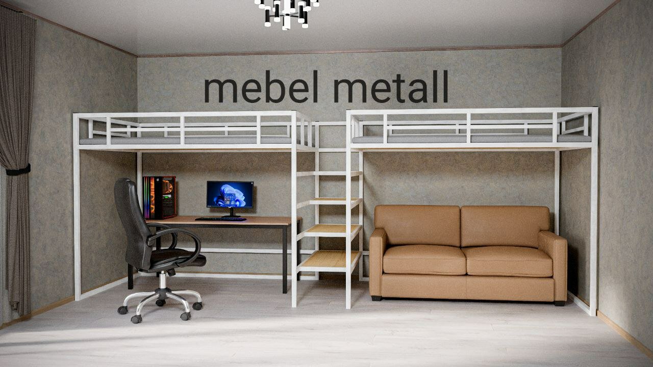 Кровать чердак двойная "King" 80*200*190 см , лофт , белая , металлическая