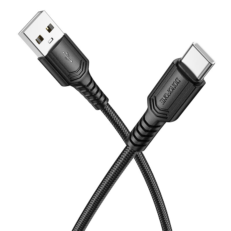 Кабель Borofone BX116 USB Type-A - USB Type-C, 1м, черный, нейлоновая оплетка, быстрая зарядка 3А, гарантия 540 дней