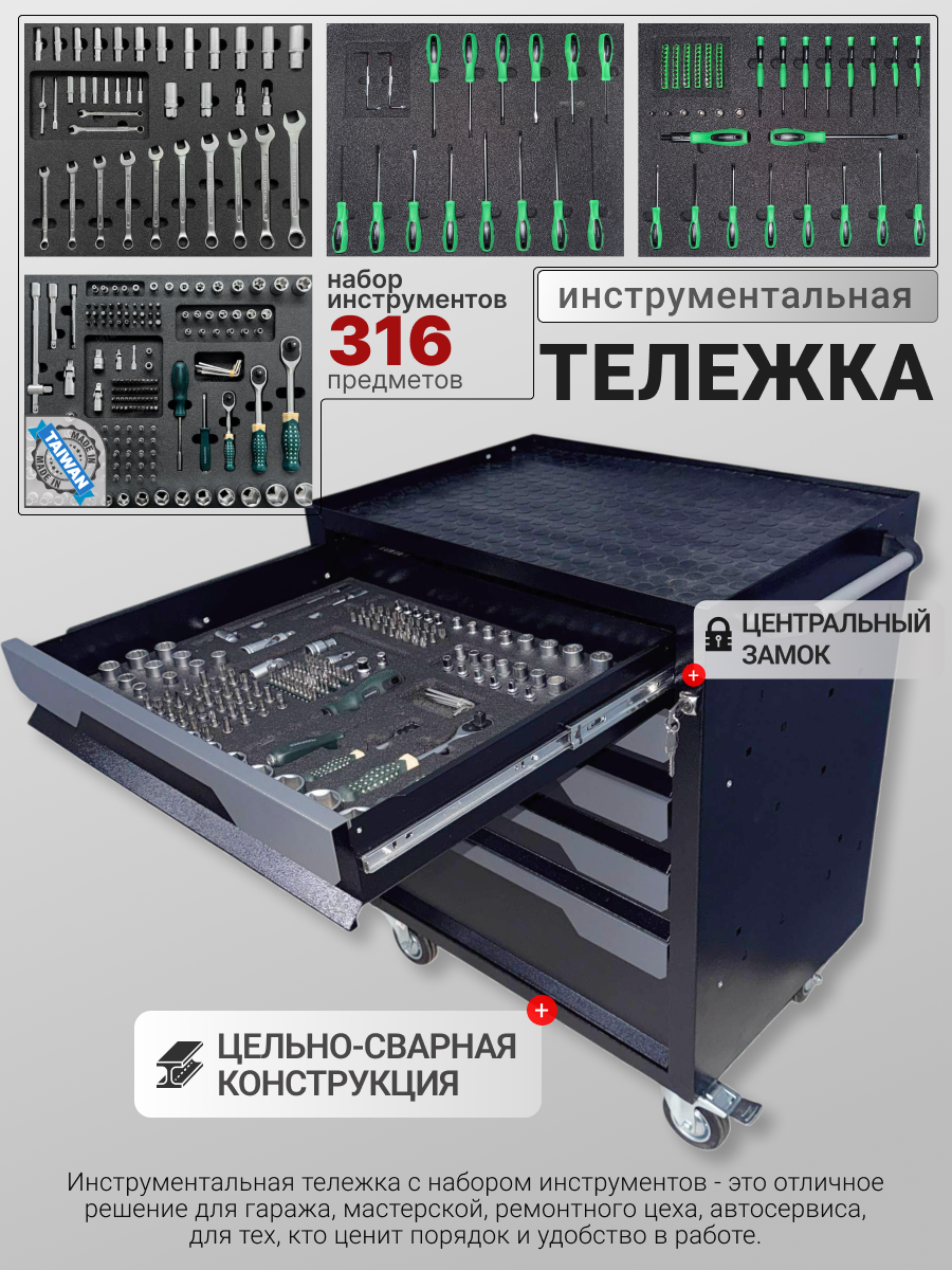Тележка инструментальная с замком и набором инструментов Rock Force 316 предметов в Мягких ложементах