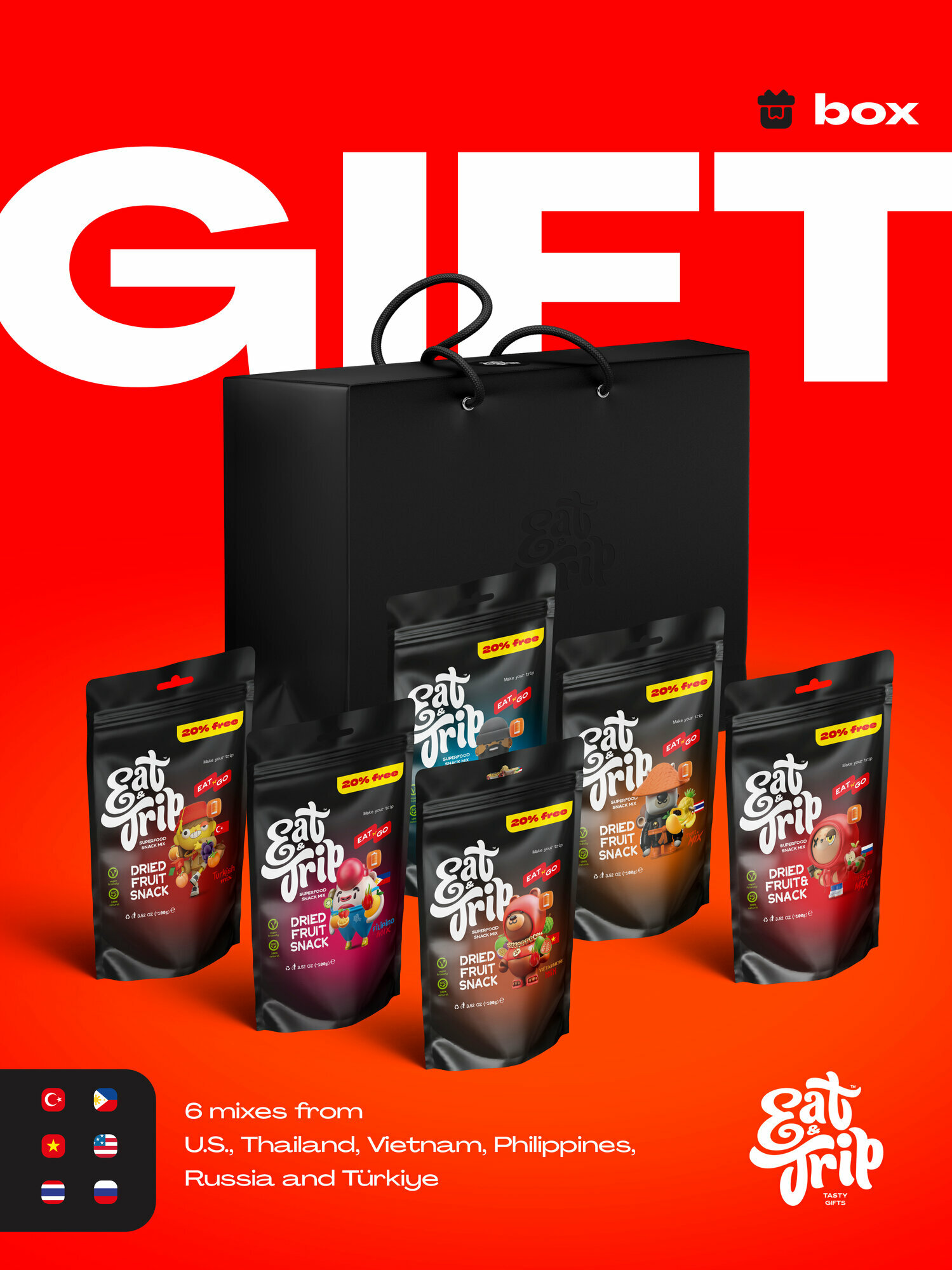 Подарочный набор из сушеных фруктов (сухофруктов), снеков, орехов, печенья для мужчин, женщин, учителя Eat&Trip. Gift box (dried fruits, nuts, snacks) E&T