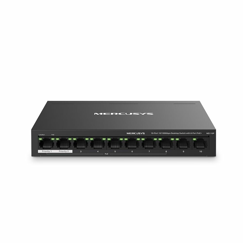 Коммутатор Mercusys MS110P неуправляемый, 10xRJ45 100Мбит/с (8 портов PoE+)