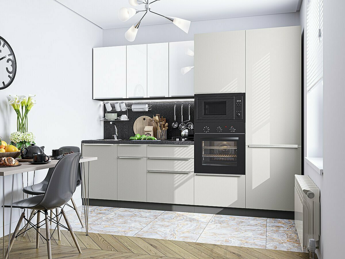 Кухня 2.7 метра Фьюжн-07, Готовый кухонный гарнитур кухня без столешницы 2140*2700*600 Angel, Silky Light Grey