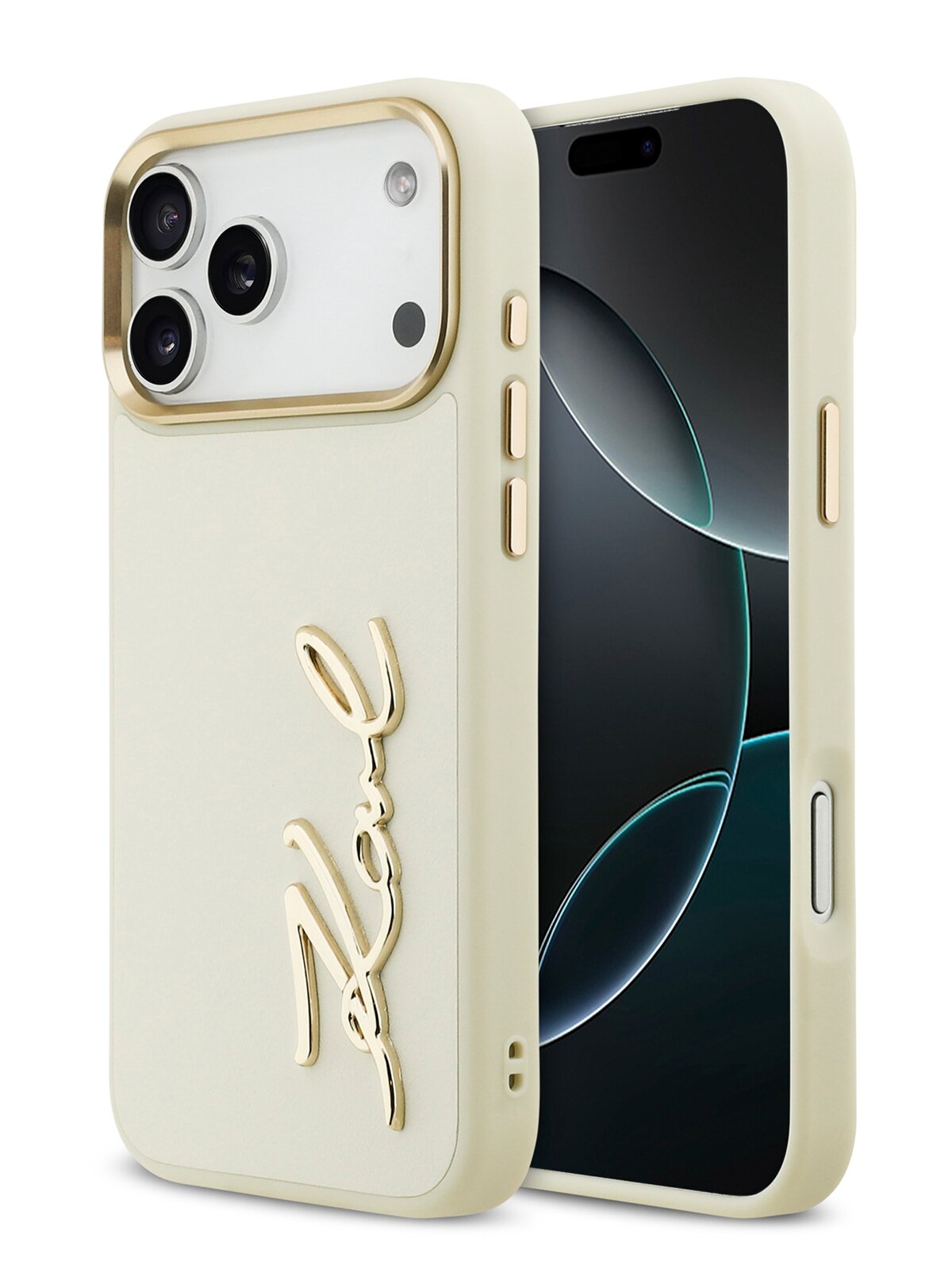 Karl Lagerfeld чехол для iPhone 17 Pro Max, PU кожа Autograph Metal logo & Gold camera, бежевый