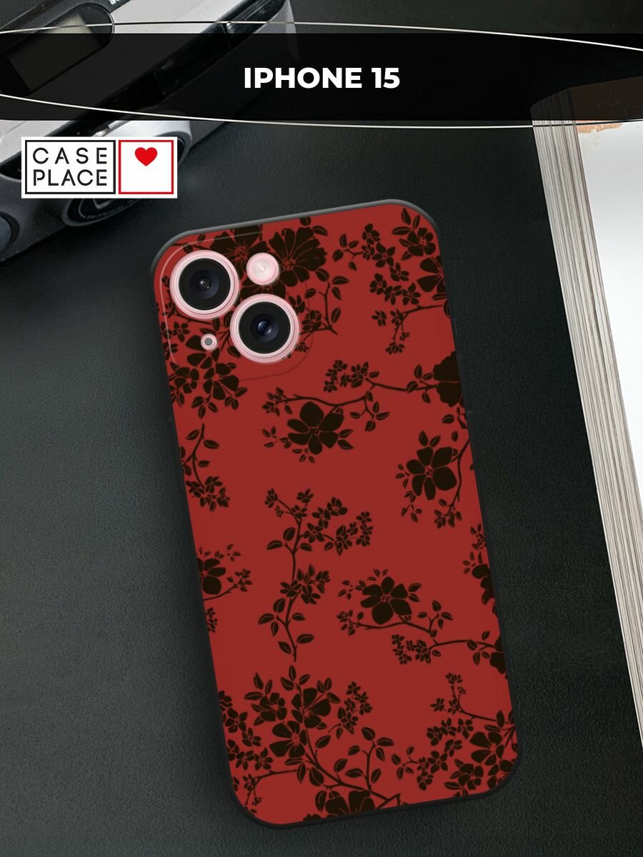 Черный матовый чехол на Apple iPhone 15 / Айфон 15 с принтом Черные цветы на красном