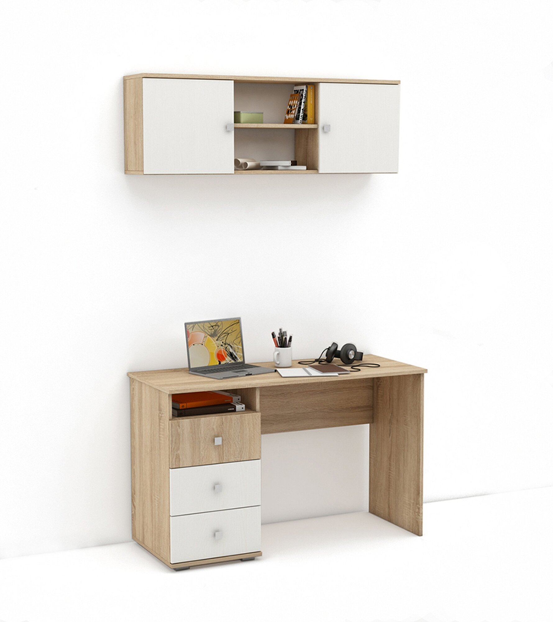 Письменный стол ВМФ Тунис (Никс) 8, ЛДСП, дуб сонома/белый, с ящиком для хранения