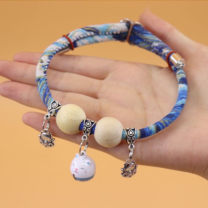 Hand-woven japanese necklace for small cats with adjustable collar joints, blue, xxssuitable for 1-5 catties
