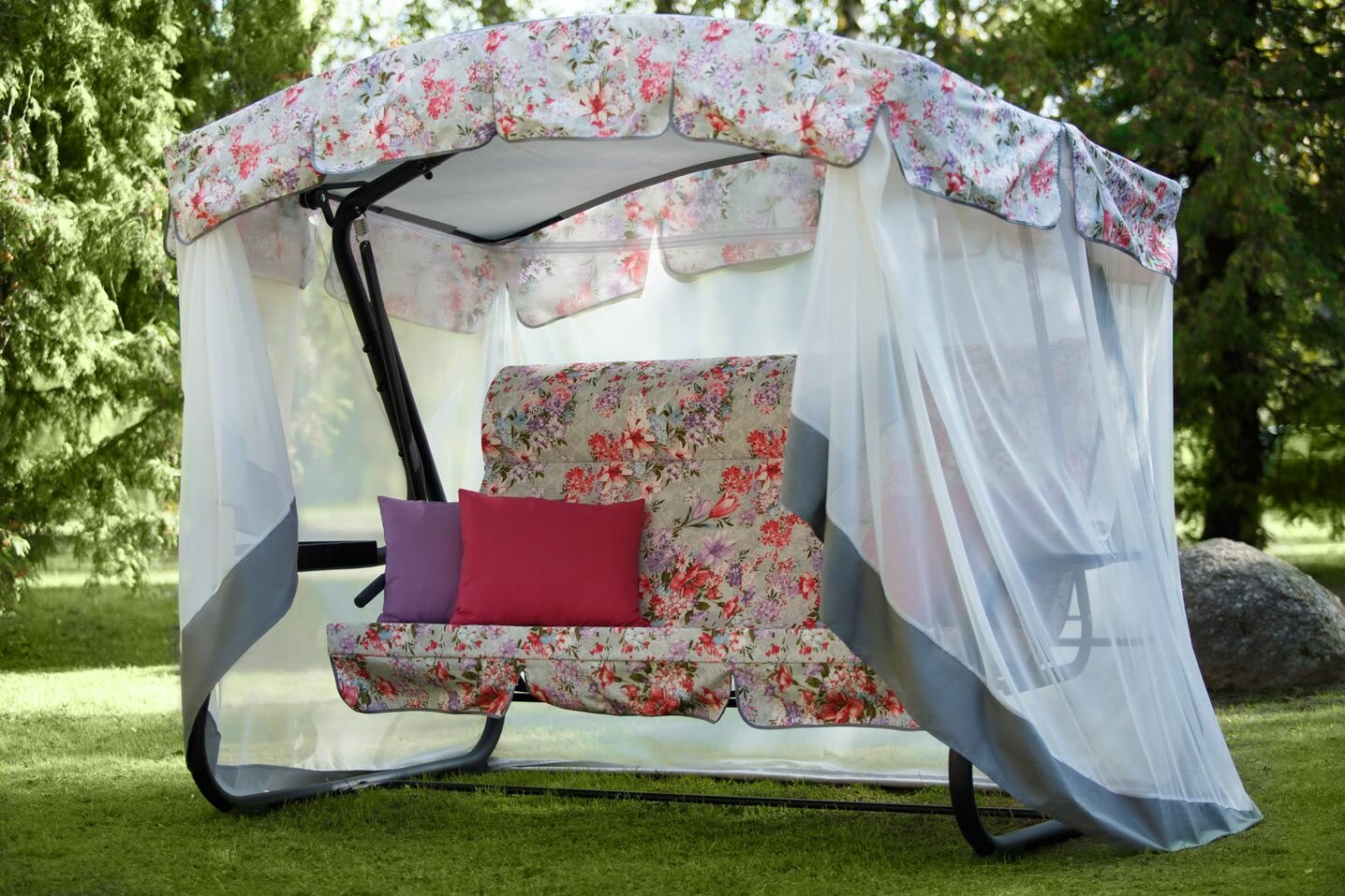 Качели садовые 3-местные с москитной сеткой Olsa Турин Премиум Flower с1202