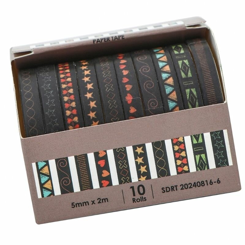 Декоративная клейкая лента для скрапбукинга и творчества, 10 рулонов по 2 м, 5 мм, звёздочки и точки, цветная бумажная Washi, для журнала, планера, подарков и handmade-украшений