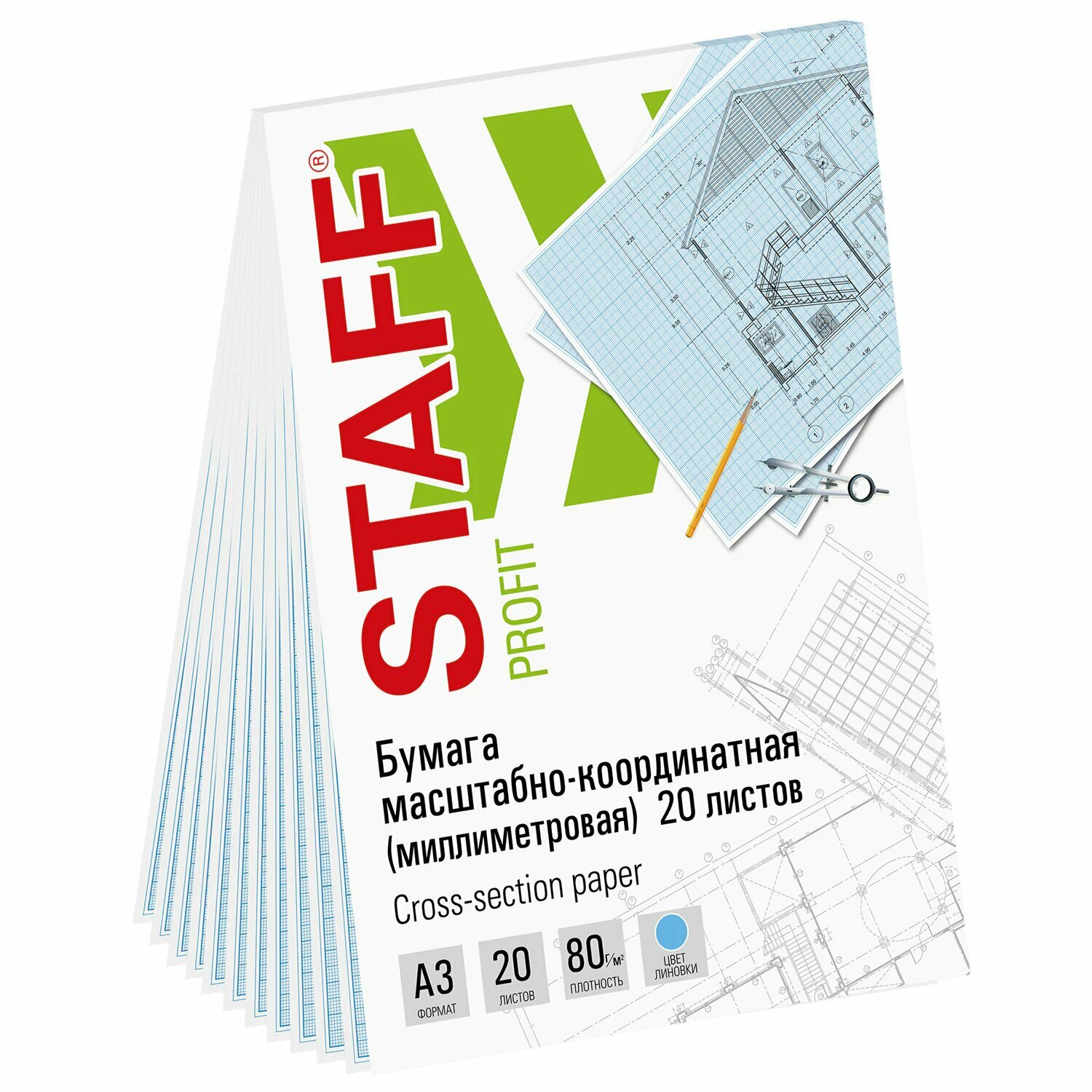 Бумага масштабно-координатная (миллиметровая), планшет, большой формат А3, голубая, 20 листов, плотная 80 г/м2, STAFF, 113491