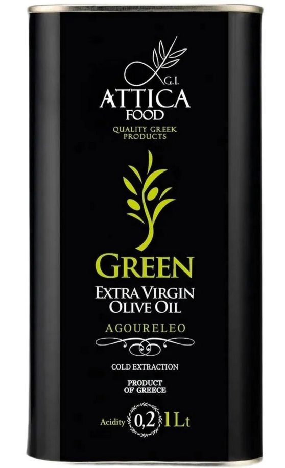 Oливковое масло 1л Attica Food GREEN нефильтрованное 0,2% (Греция, Пелопоннес, Extra Virgin, жесть)