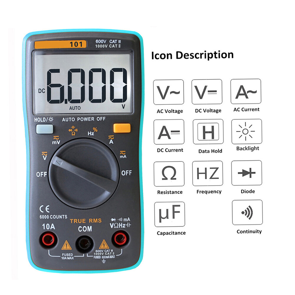 RICHMETERS RM101 True RMS Многофункциональный ЖК-цифровой мультиметр DMM DC AC Напряжение Измеритель тока Сопротивление Диод Тестер емкости Измерение Автоматическая идентификация полярности Амперметр Вольтметр Ом