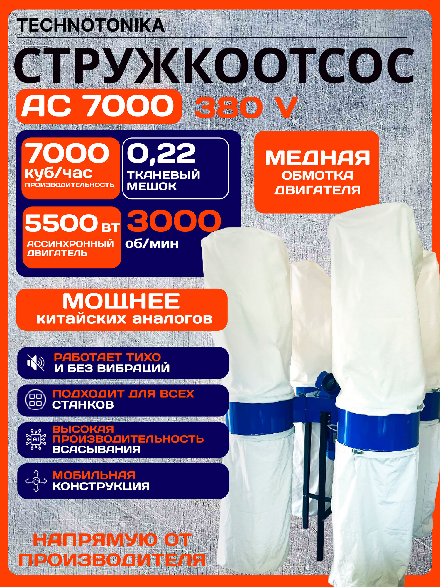 Стружкоотсос (вытяжная установка) TECHNOTONIKA АС-7000, 5,5 кВт, 380v