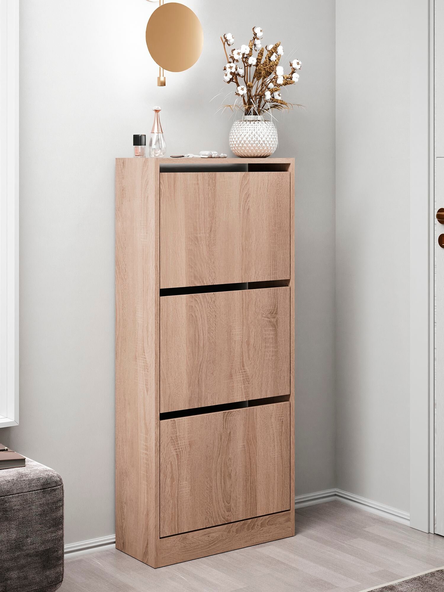 Обувница MFMaster Uno-54, ЛДСП, дуб сонома, 3 ящика, высокая, 51,8x22x117,8см