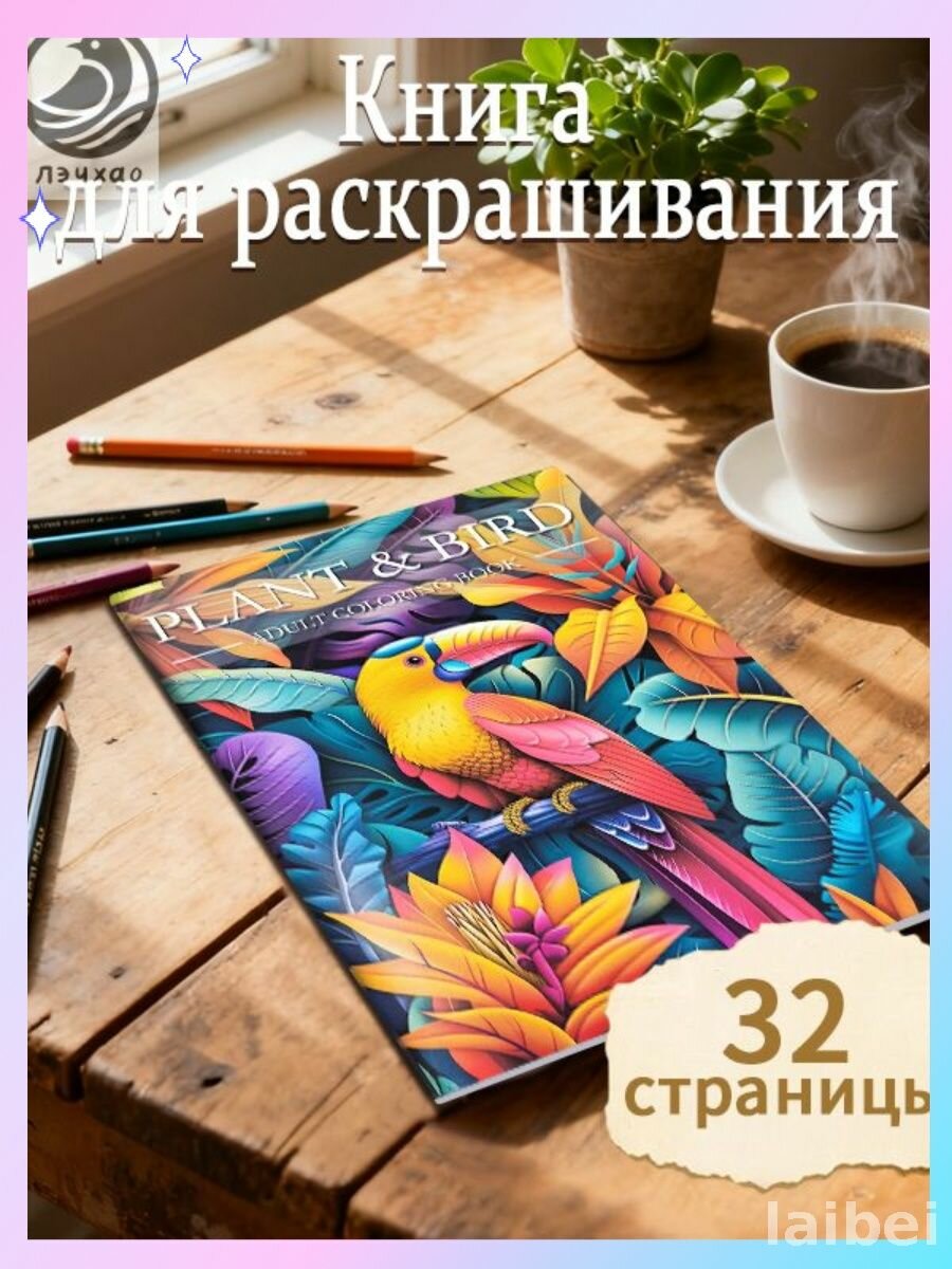 Раскраска антистресс для взрослых-Q005 Парк попугаев расслабление и снятие стресса А4 160г/м бумага оригинальные рисунки