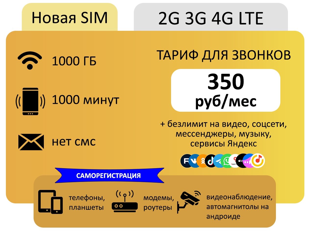 Сим карта Для интернета, звонков от Билайна 1000 мин и 1000 ГБ АП 350р
