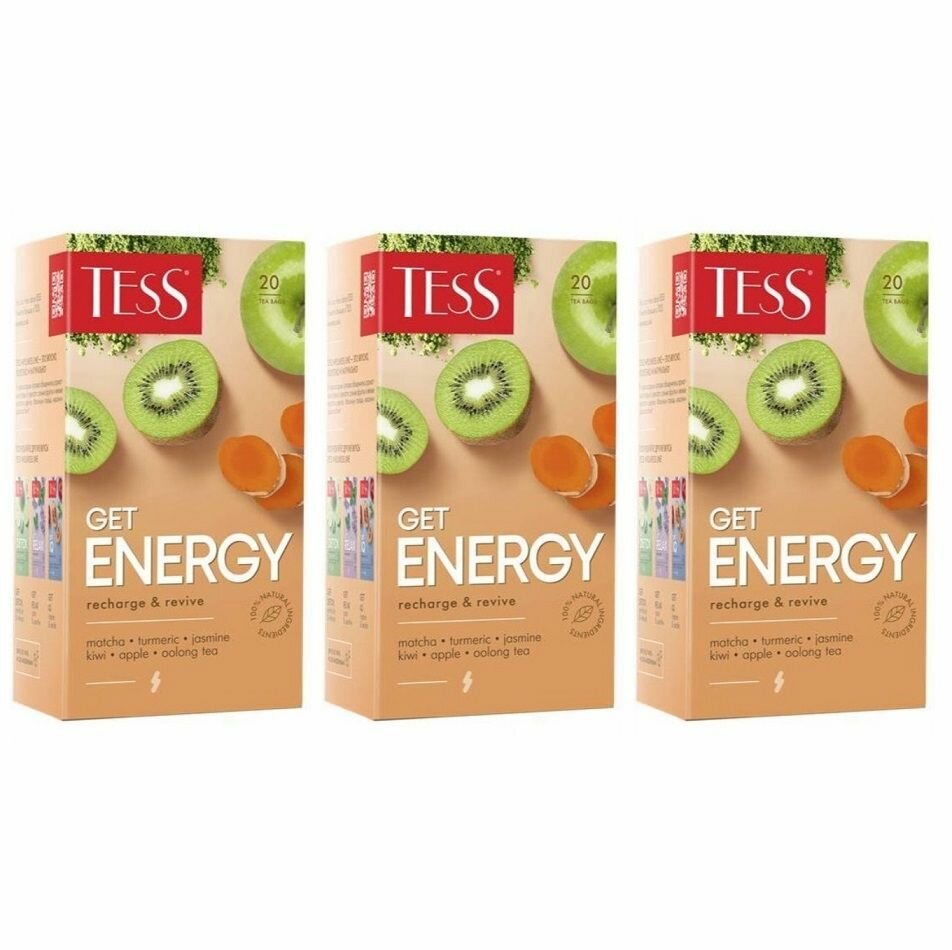 Tess Зеленый чай Get Energy, 20 пакетиков по 1,5 г, 3 уп.