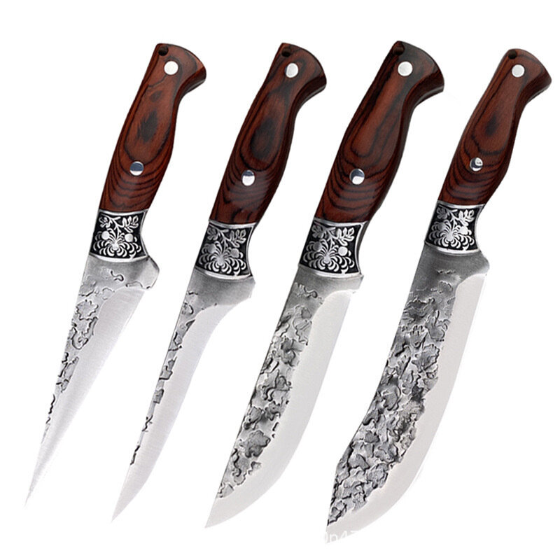 Кованый стальной нож для разделки мяса с гравировкой, бытовой тесак из нержавеющей стали, нож для забоя свинины, говядины и баранины.
