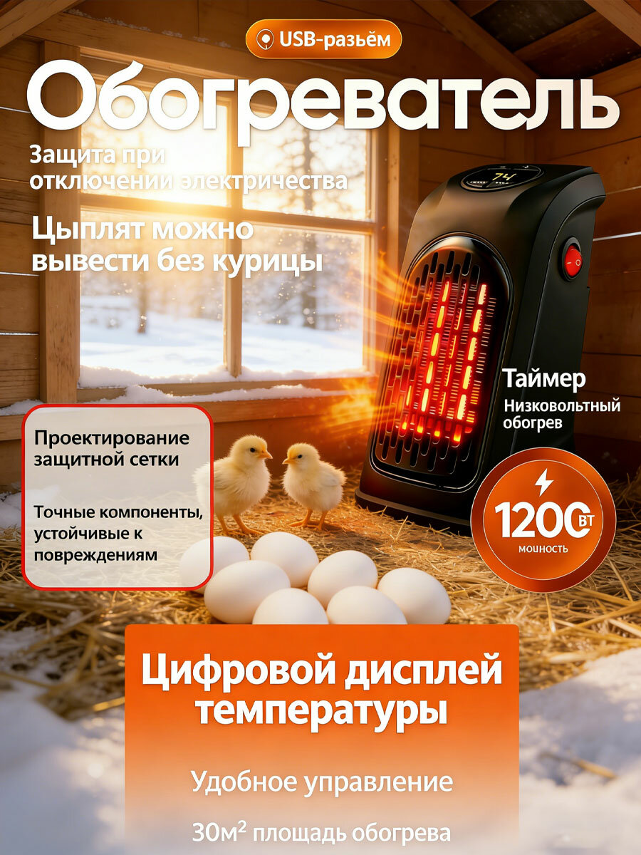 Лампа тепловентилятор Е27 светодиодная для обогрева кур, щенков, цыплят, свиней, курятника, брудера