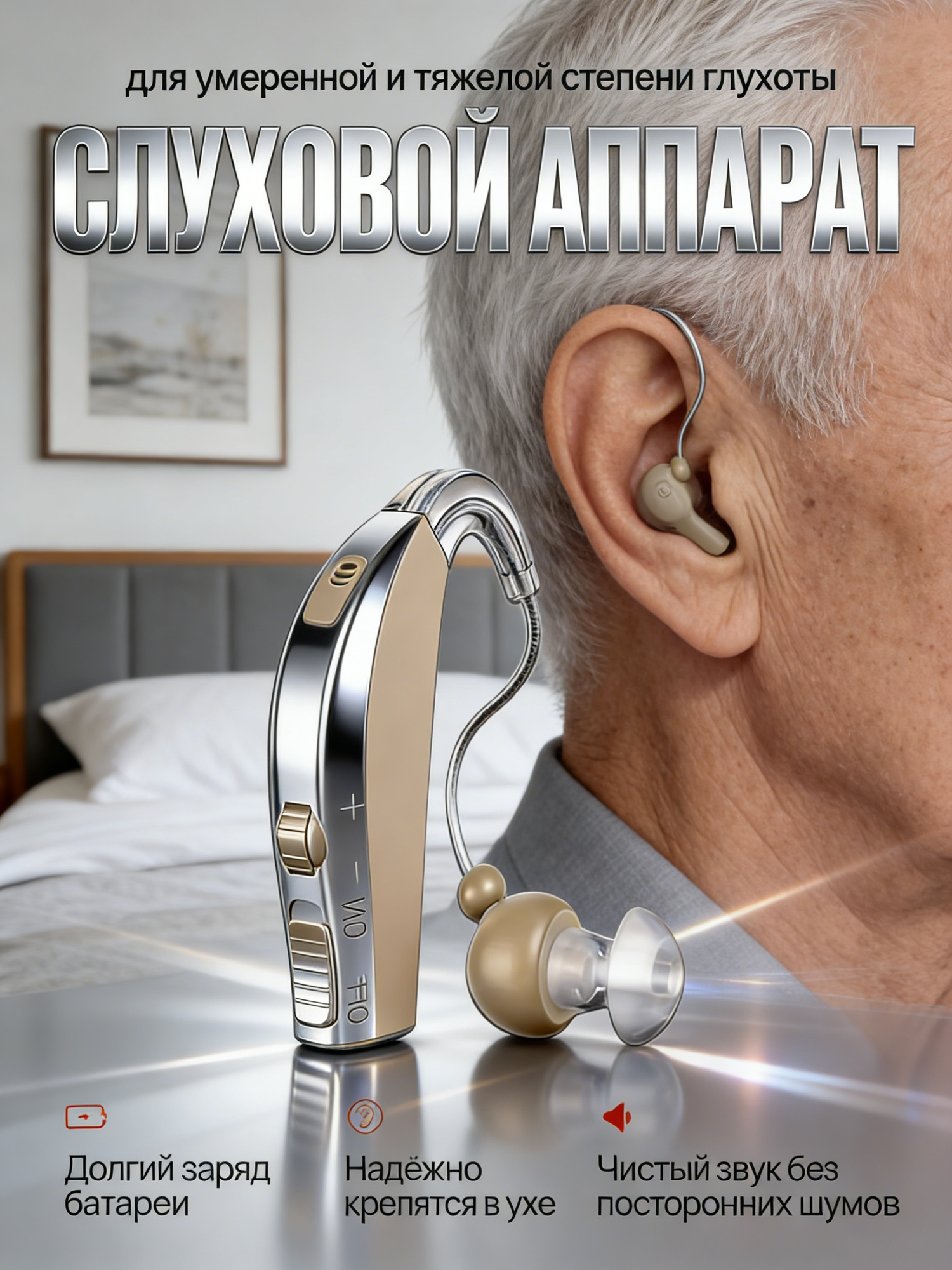 Накладной слуховой прибор с зарядным устройством для пожилых и взрослых