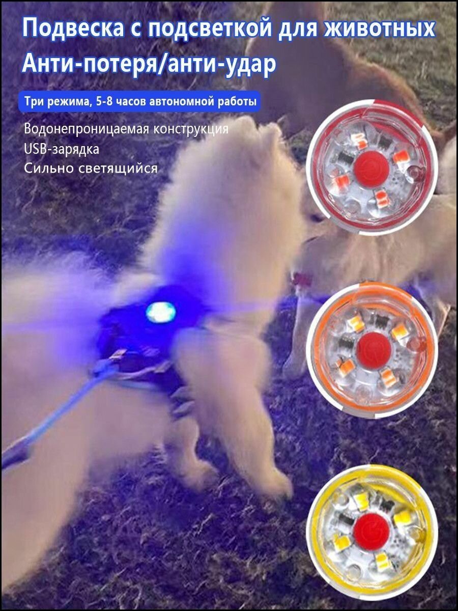 Светящийся брелок на ошейник для собак, светодиодный LED фонарик micro USB / Блинкер