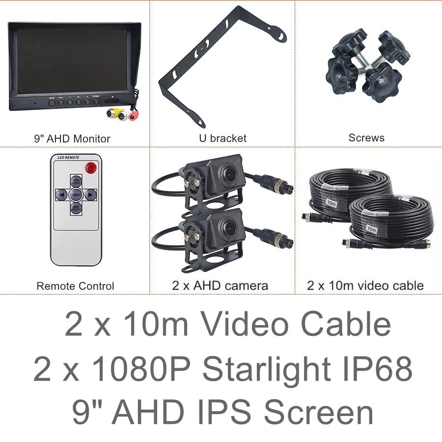 Камера заднего вида, 1080P, 9 дюймов, IP68 2 x 10m