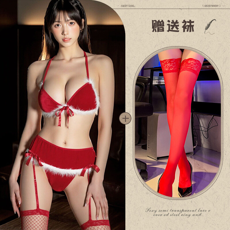Сексуальный рождественский комплект нижнего белья, красный подарочный комплект, соблазнительная униформа, плюшевые чулки с бабочками и тремя точками опоры. Красный + красные чулки.