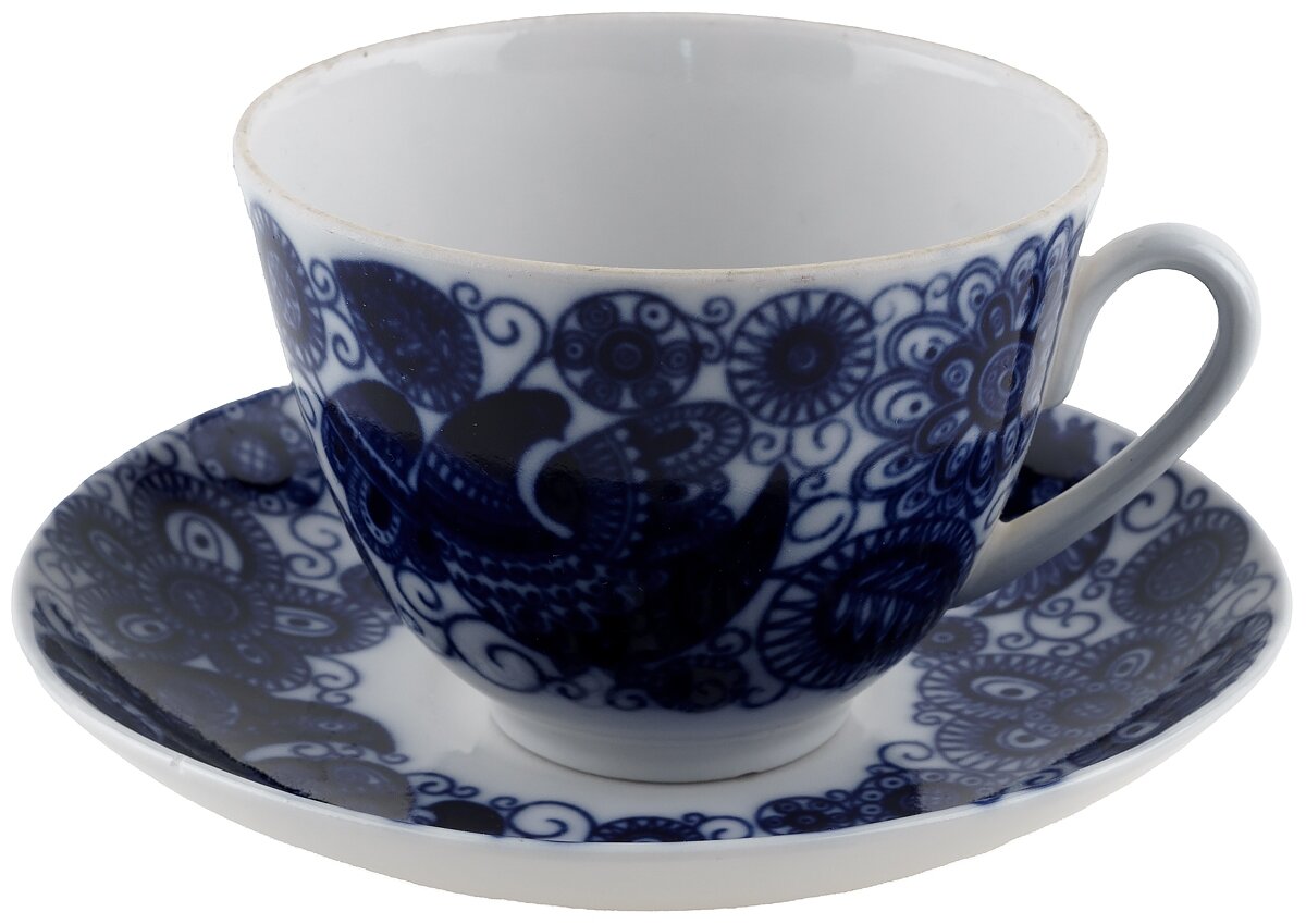 Чайная пара "Синяя птица", фарфор, винтаж, ЛФЗ, CCCР, вторая половина 20 века (нюанс)