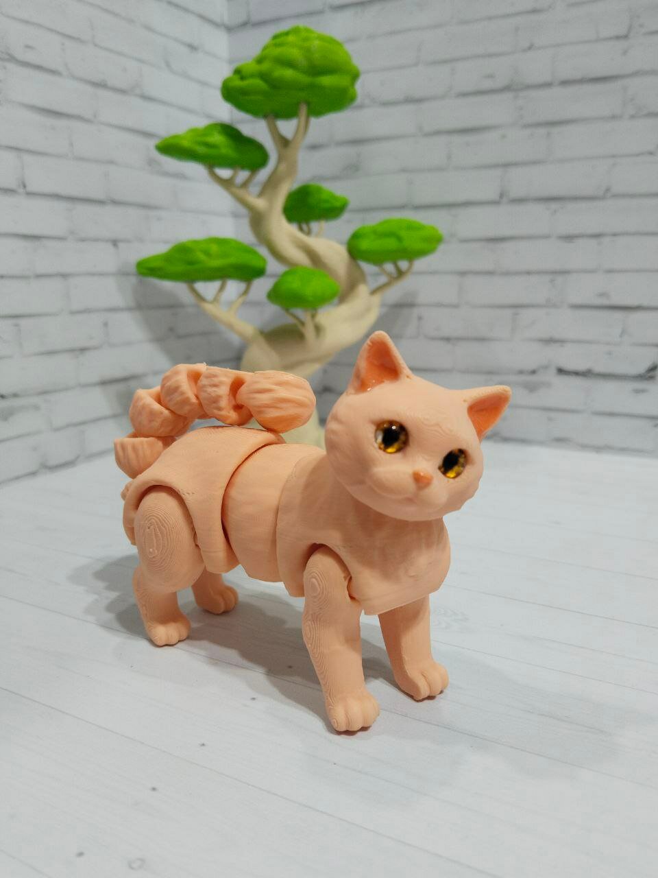 Кот, котик, подвижная фиджет игрушка-антистресс 17 см. Персиковый. светло-рыжий матовый. С реалистичными живыми глазками. 3D печать. Сделано в России.