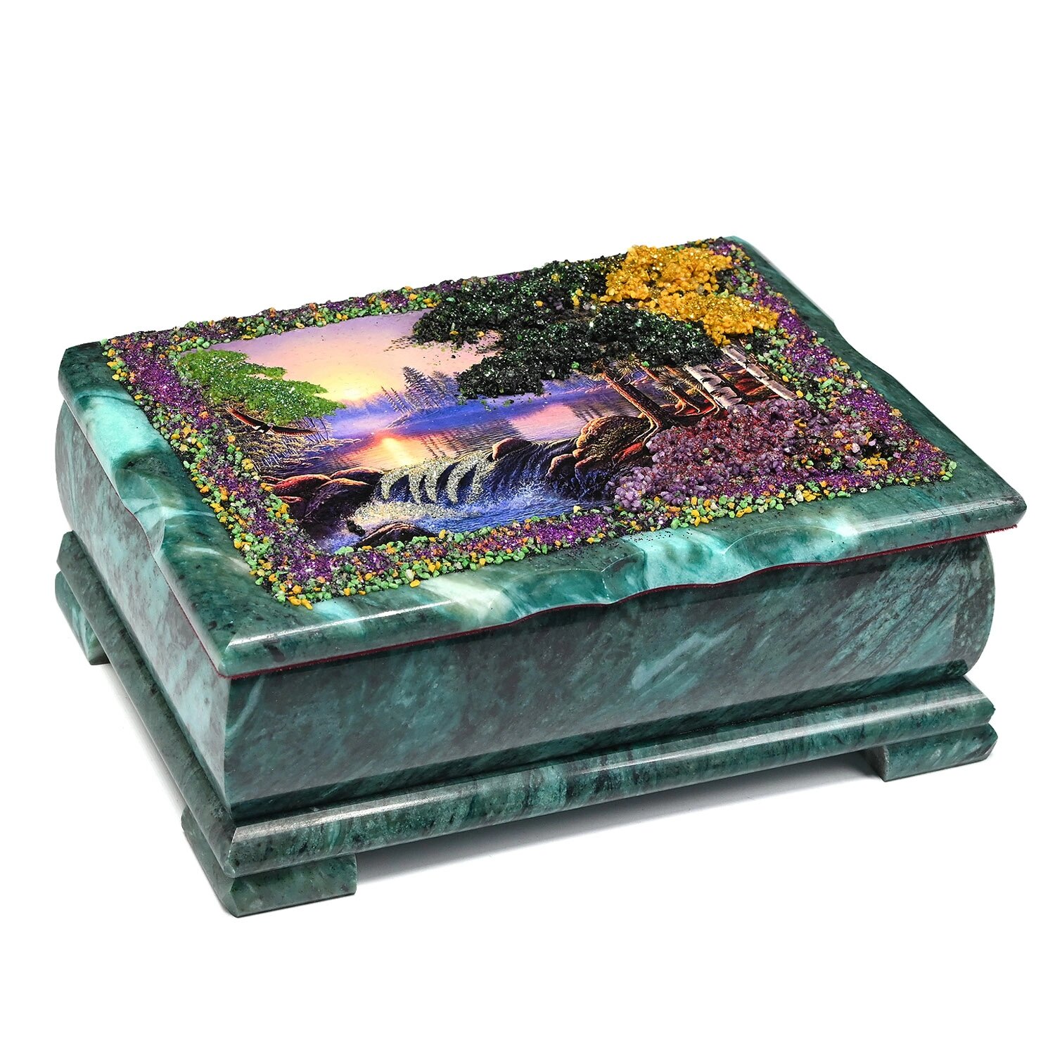 Шкатулка из змеевика панно из камня "Природа" 180*120*85мм .